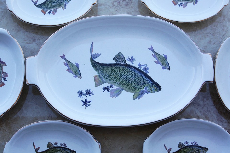 Lovely Vintage Israel Thick Porcelain Kedar Fish Platter Tray 6 Plates ...