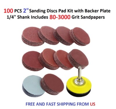 100PCS 2" Sanding Discs Pad Kit+Backer Plate 1/4" Shank Includes 80 ...