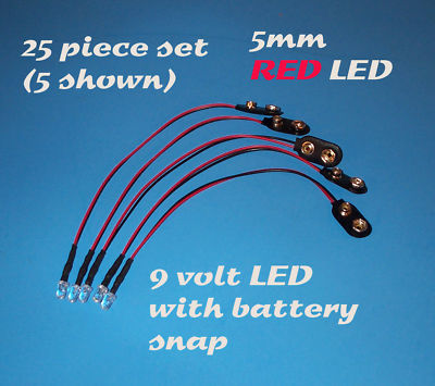 25 PRE WIRED 5MM LEDs 9 VOLT RED LED ON SNAP 9V CLIP | eBay
