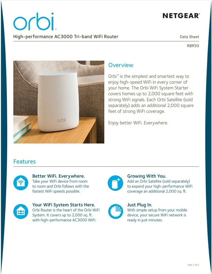 Netgear Orbi RBR50 Router AC3000 Tri-Band Mesh Wi-Fi ~ Very Good ...