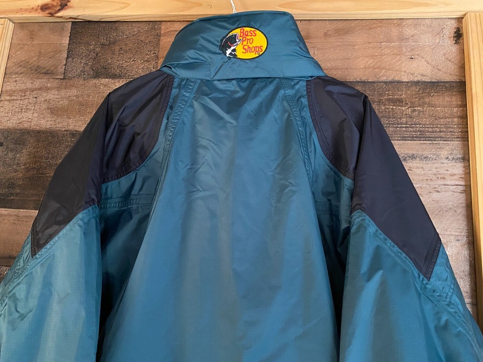Bass Pro Shops Rain Jacket Mens Large VTG Green Black Hood Zip Pockets ...