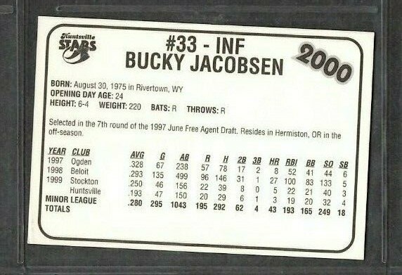2000 Burger King Huntsville Stars Bucky Jacobsen Baseball Card signed ...