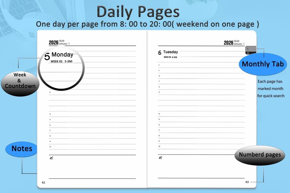 2026 Diary A5 Page a Day with Time, Daily Planner with Monthly Tabs ...