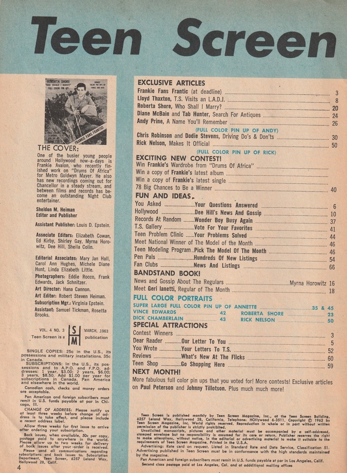 VINTAGE! Teen Screen Magazine (March 1963) FRANKIE AVALON and ANNETTE ...