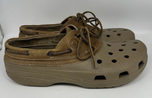 Crocs Islander Pit Crew Shoes Mens 13 Brown Leather Clog Water Beach ...