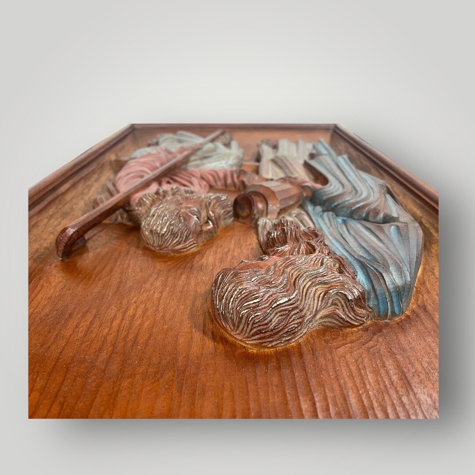 Bas Relief Wood Resin Wood Carving Religious Scene - Signed 27.75 x 17. ...