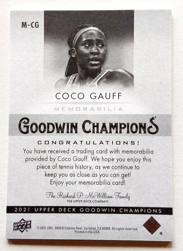 2021 Upper Deck Goodwin Champions Coco Gauff Rookie Memorabilia M-CG ...