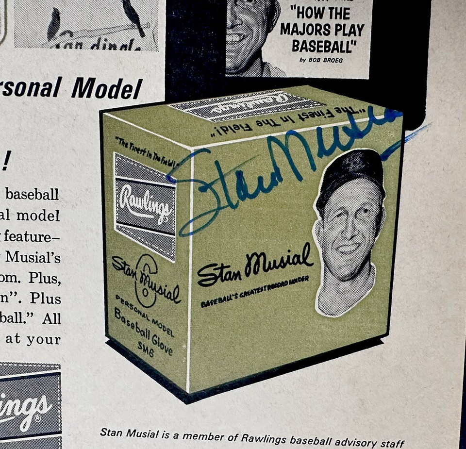 STAN MUSIAL SIGNED RAWLINGS GLOVE MAGAZINE AD St Louis Cardinals MVP WS ...
