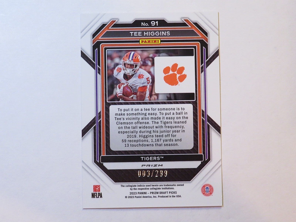 2023 Panini Prizm Football Draft Picks Tee Higgins Red Card #91 Bengals ...