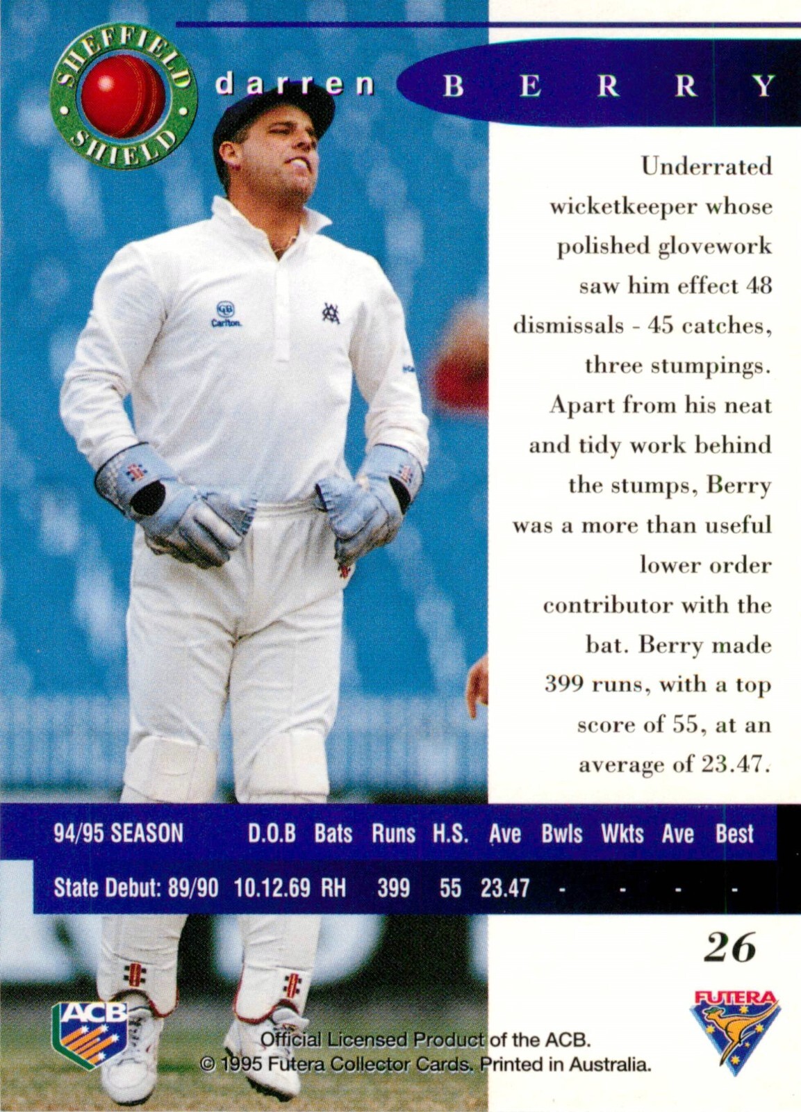 1995 1996 VICTORIA Cricket Card DARREN BERRY Sheffield Shield Futera ...