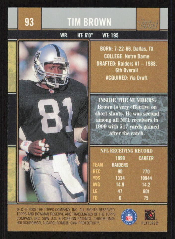 2000 Bowman Reserve TIM BROWN Football card OAKLAND RAIDERS #93 | eBay