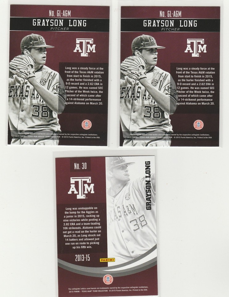 GRAYSON LONG 2015 TEXAS A&M RAINBOW LOT (3) HONORS SILVER SERIAL #'D ...