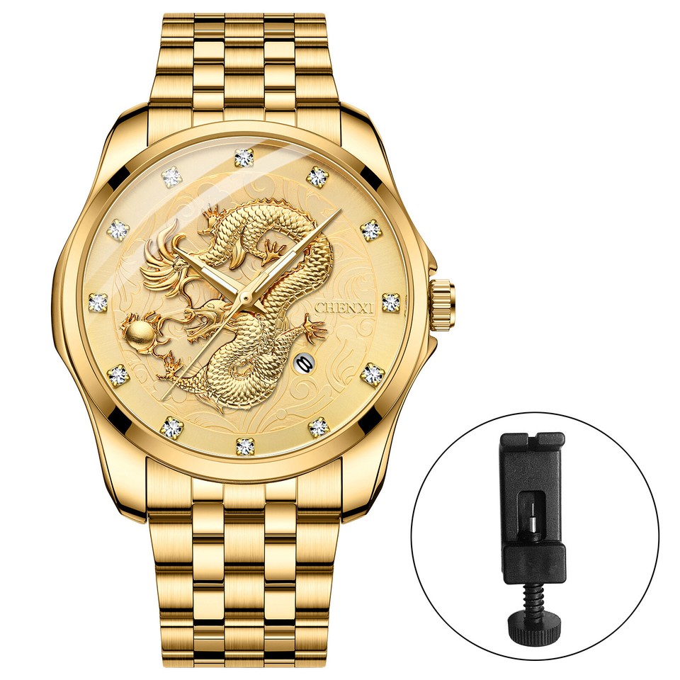 Men Luxury Chinese Dragon Carved Dial Diamond Quartz Watch Waterproof ...