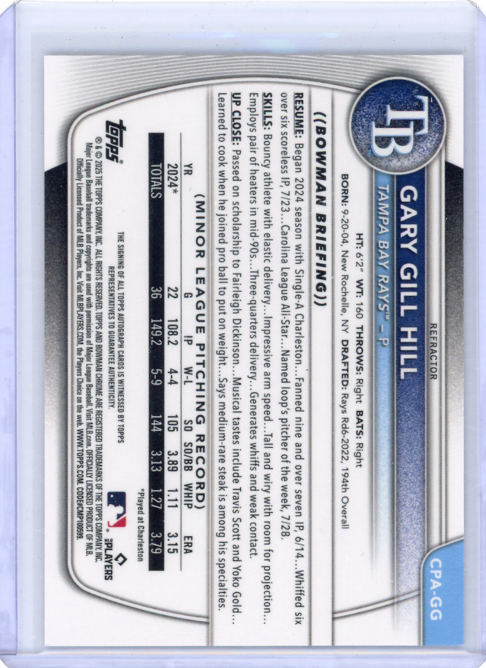 Gary Gill Hill 2025 Bowman Chrome 1st Refractor Auto /499 Rays #CPA-GG ...