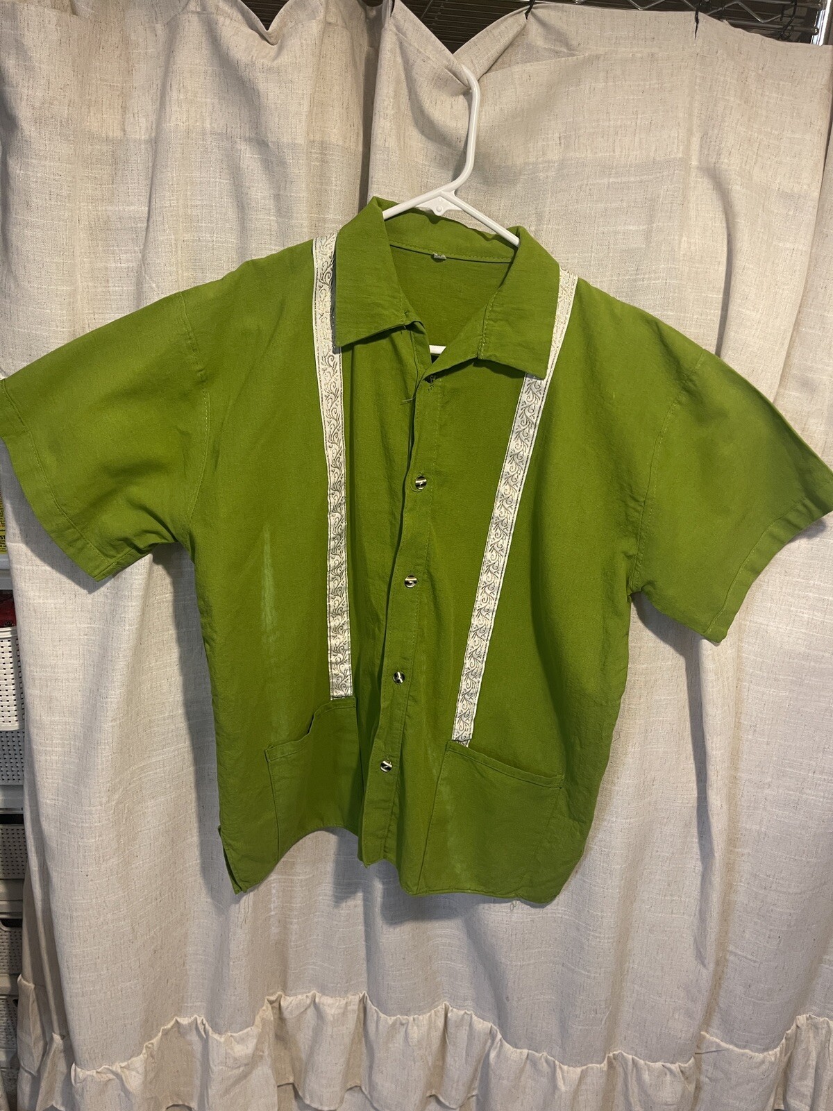 Mens Green Guayabera Button Up Shirt W/Gold White Trim - Gem