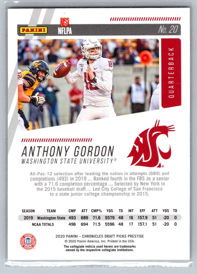 2020 Panini Chronicles Draft Picks Prestige Anthony Gordon #20 Rookie ...