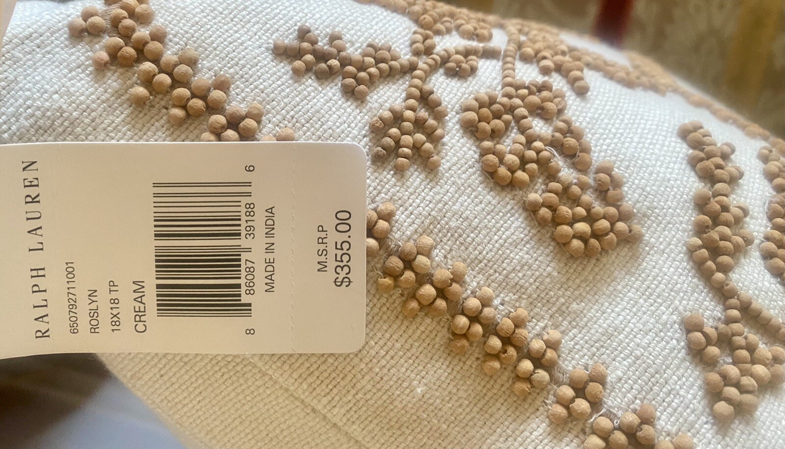 NWT RALPH LAUREN ® "ROSLYN" BEADED DECORATIVE PILLOW 18" x 18" MSRP ...