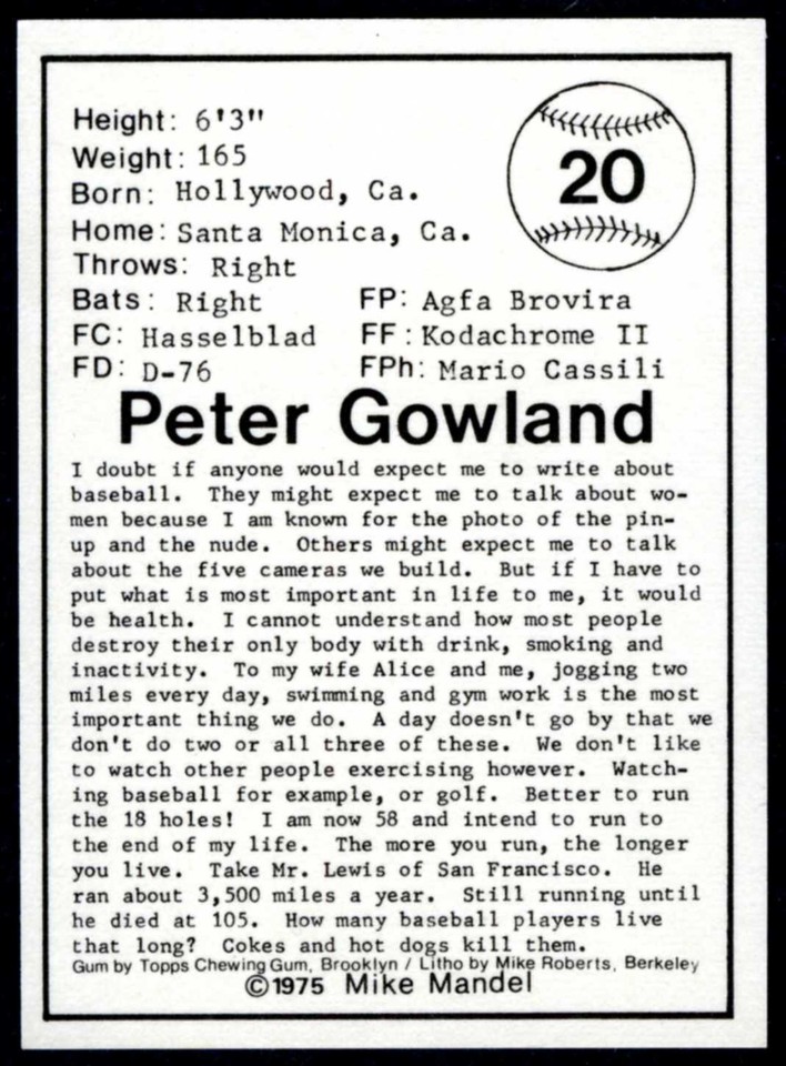"PETER GOWLAND" CARD#20~RARE MIKE MANDEL 1975 BASEBALL PHOTOGRAPHER ...
