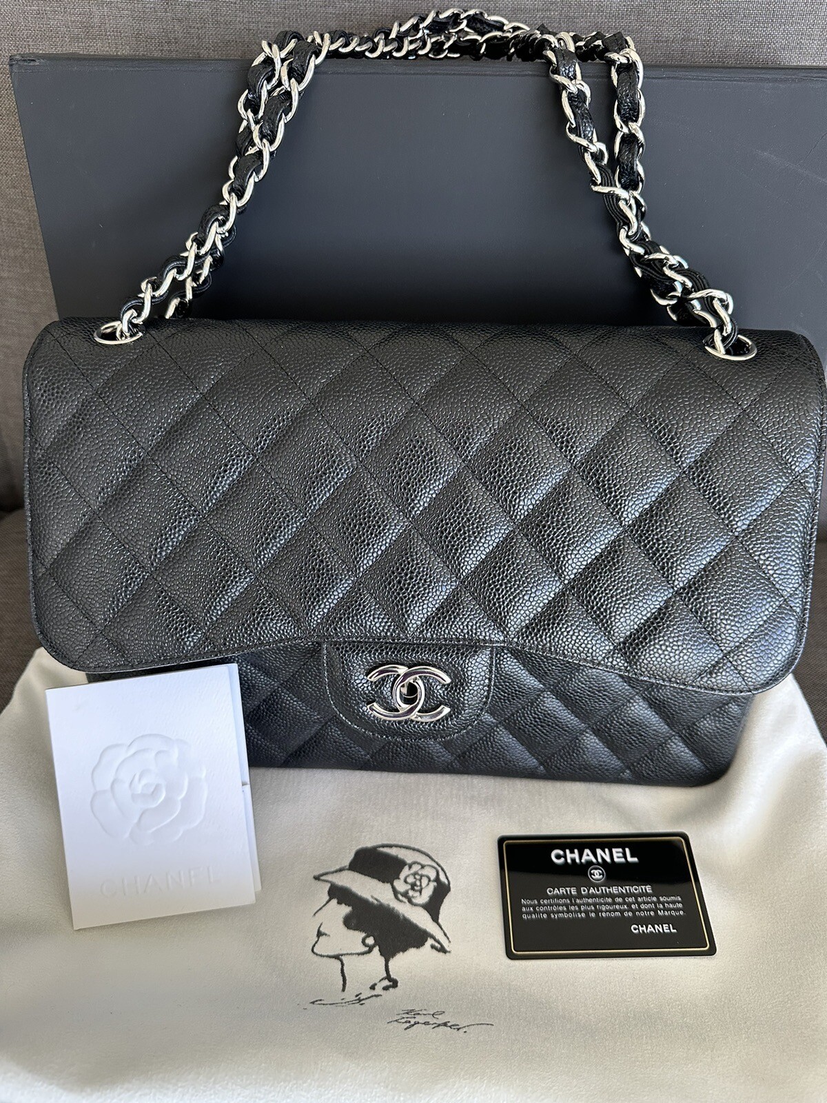 Authentic CHANEL Jumbo Double Flap Caviar Black SHW - Gem