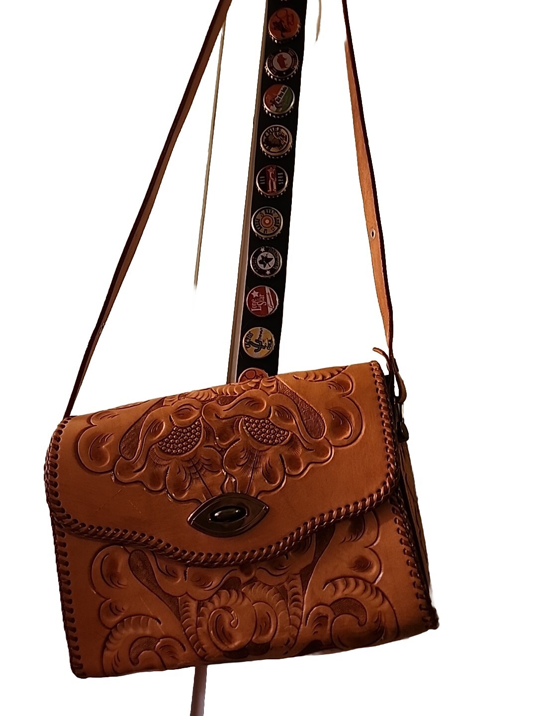 Leather 80s TOOLED Adjustable Handle Bag. Artesian floral Patterns | eBay