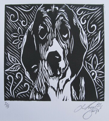 LYNN KEATING AUSTRALIAN BLACK INK LINOCUT "BLOODHOUND DOG 2" 2017 ...