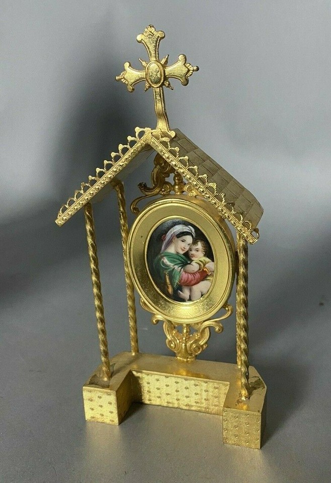 VINTAGE ANTIQUE PORCELAIN PORTRAIT PAINTING GILT FRAME RELIQUARY ICON ...