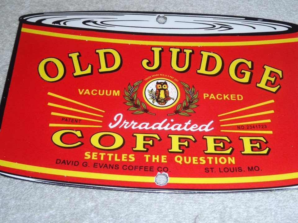 VINTAGE OLD JUDGE COFFEE CAN +OWL 7 3/4" PORCELAIN METAL SODA, GASOLINE ...