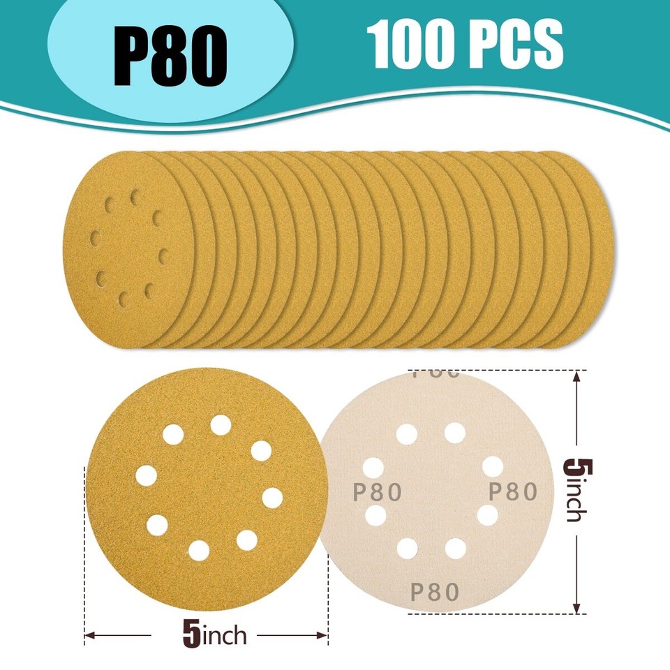 100x 5inch Sanding Discs 80 Grit Hook Loop 8-Hole Orbital Sander Paper ...