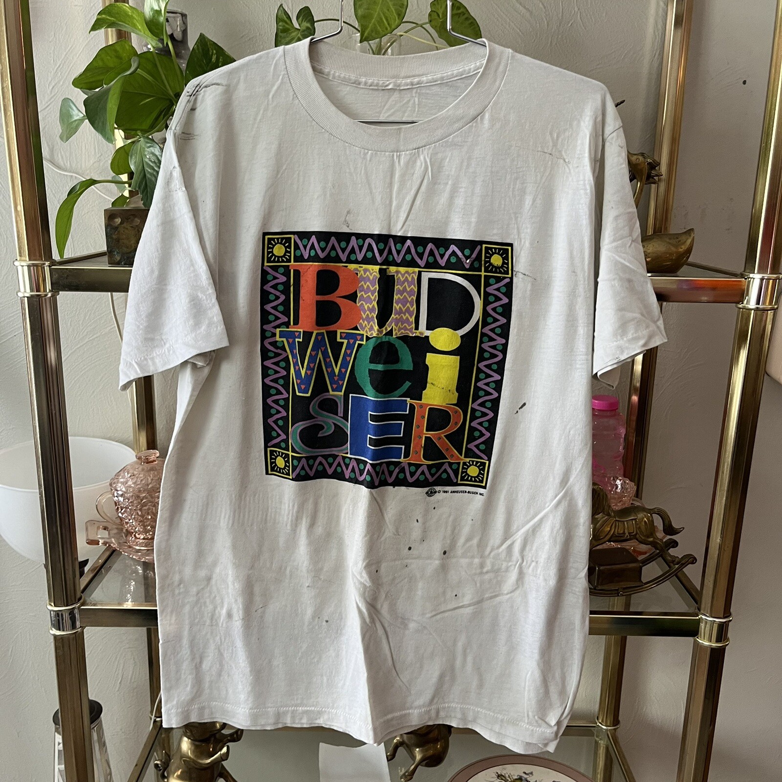1991 Single Stitch Budweiser Tee Paint Splatter Thin … - Gem