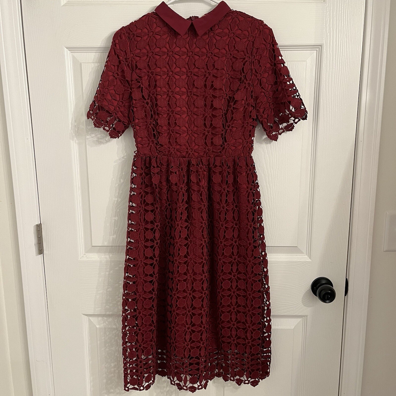 Polagram Deep Red Lace Overlay Peter Pan Collar Midi … - Gem