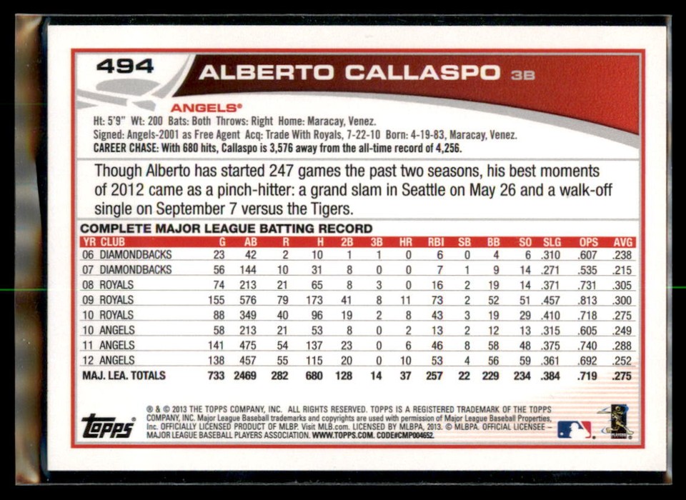 2013 Topps Alberto Callaspo #494 Los Angeles Angels | eBay