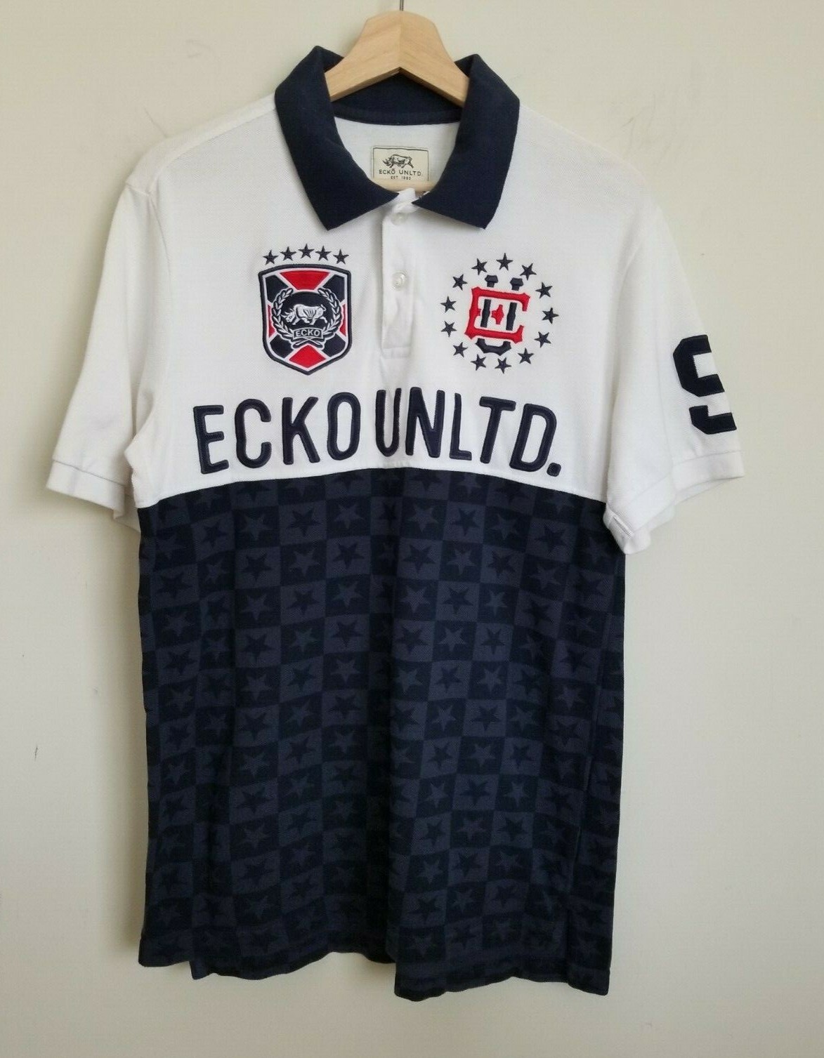 Ecko Unltd Polo Shirt White Navy Blue Pullover Short … - Gem