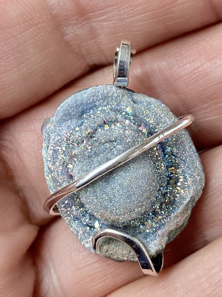 29.29ct Titanium Infused Quartz Druzy in Sterling Silver Forged Pendant ...