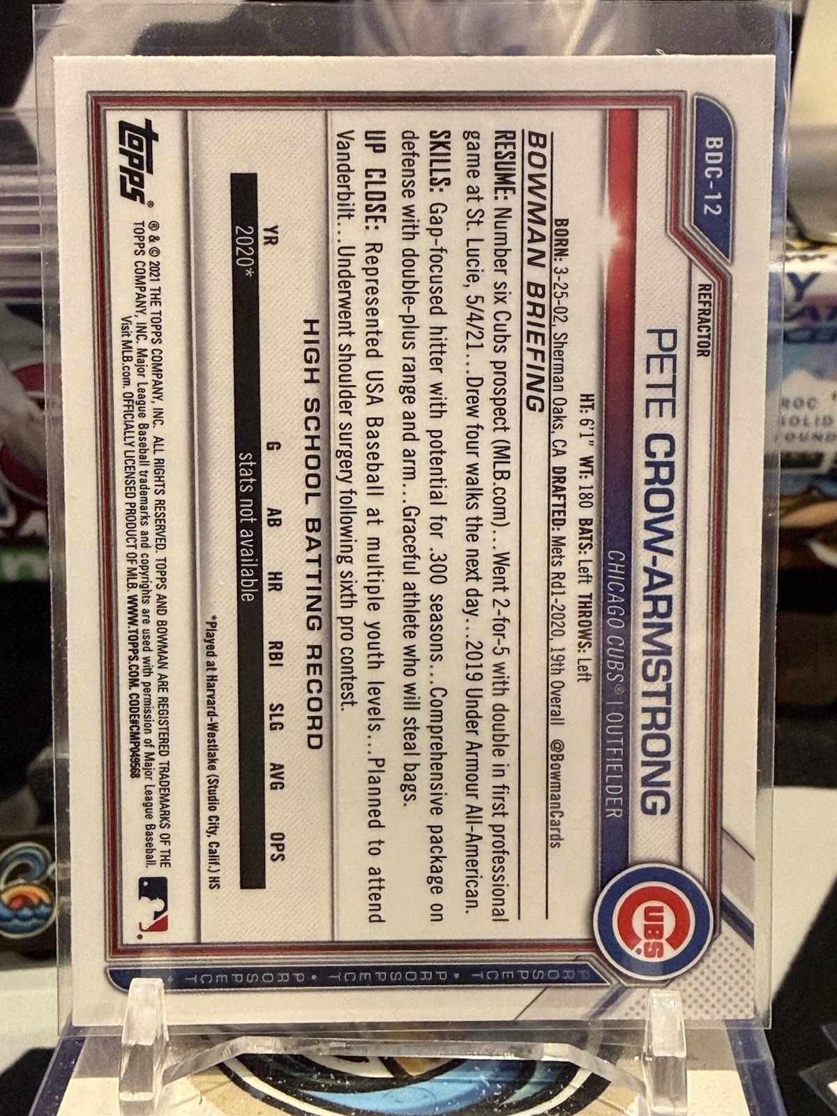 2021 Bowman Draft CHROME PETE CROW ARMSTRONG REFRACTOR BDC-12 1st Cubs ...