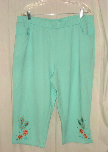 QUACKER FACTORY Mint Grn Knit CAPRI PANTS Peacock Feather Embr'y ...