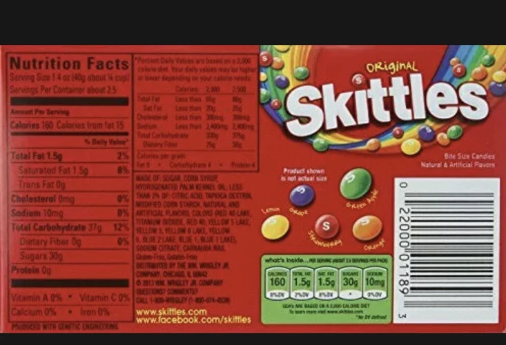 Skittles Nutrition Facts Label