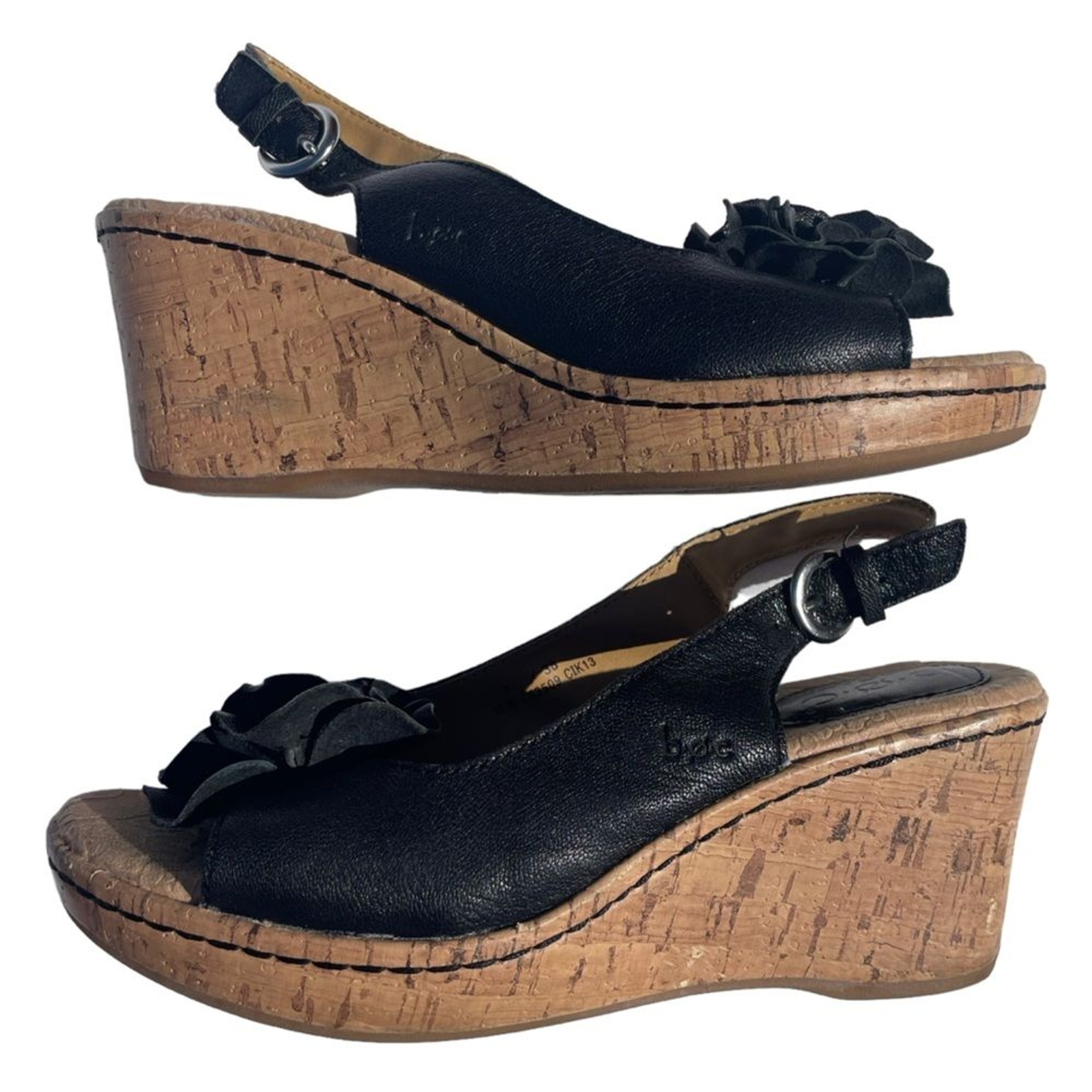 BOC Poppy Flower Cork Wedge Black Sling Back Buckle S… - Gem