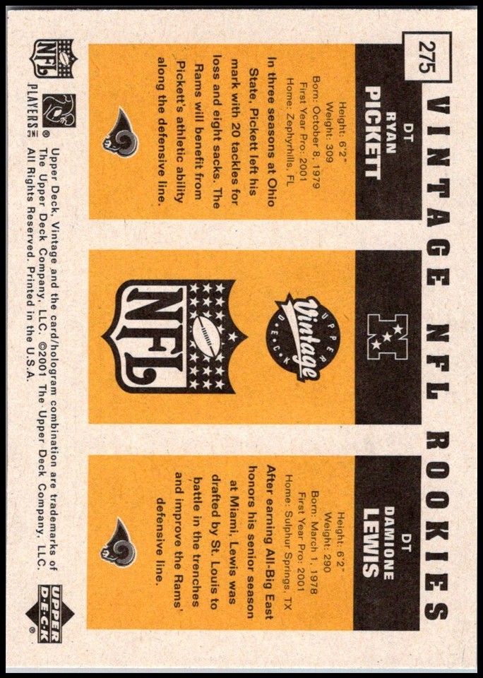 2001 UD Vintage #275 Damione Lewis / Ryan Pickett - Rookie RC FREE ...