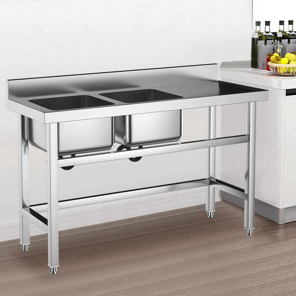 Commercial Stainless Steel Kitchen Sink Dual Bowl Sink Table with Right ...