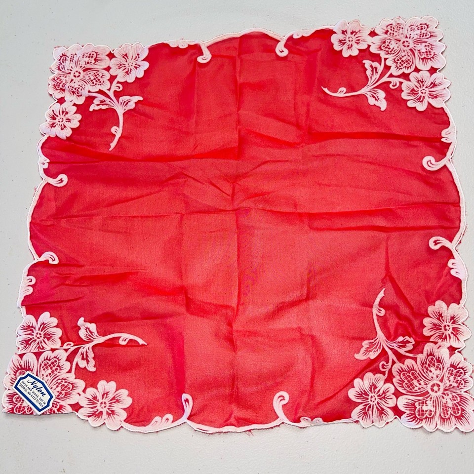 Handkerchief Red Sheer Nylon Ladies White Flowers Scalloped Edges Label ...