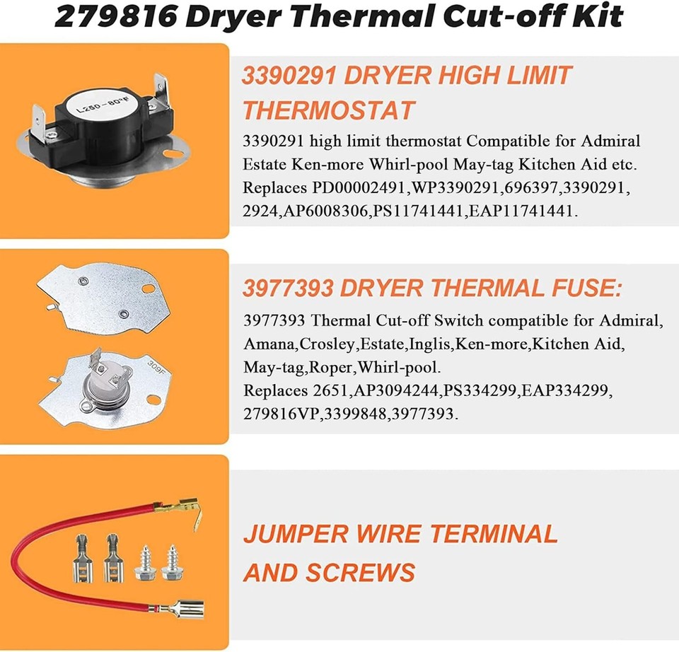 ROPER Dryer Heating Element Thermostat Kit Works with Models Below (REX ...