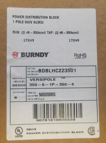 BURNDY CAT NO: BDBLHC223501 POWER DISTRIBUTION BLOCK 1POLE 600V AL9CU 6 ...