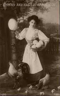 Easter Pretty Woman Giant Eggs Chickens EAS c1900s-10s RPPC Real Photo ...