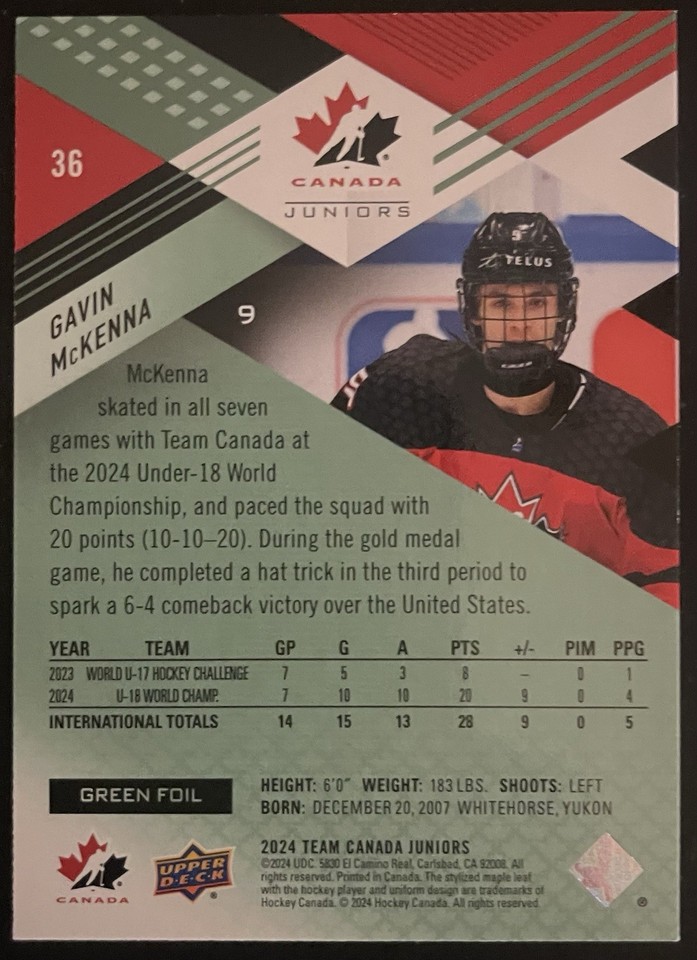 Gavin Mckenna Rookie 2024 Upper Deck Team Canada Juniors #36 (RC) GREEN ...