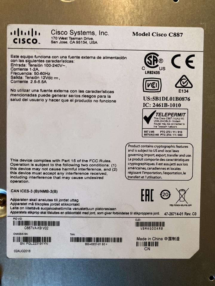 CISCO CISCO887VA-K9 887VA VDSL2/ADSL2+ Router C887VA-K9 with VPN module ...