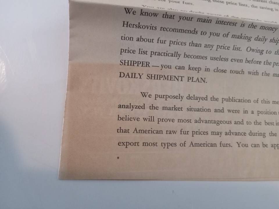 1944 Herskovits NY Massachusetts Raw Fur Price List/Brochure/2 Fur Tags ...