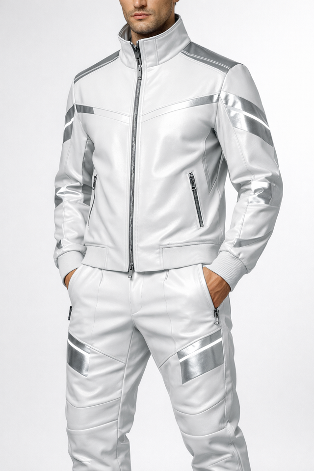 Men’s Leather Tracksuit Set – Luxury Gold Stripe Techwear Jacket ...
