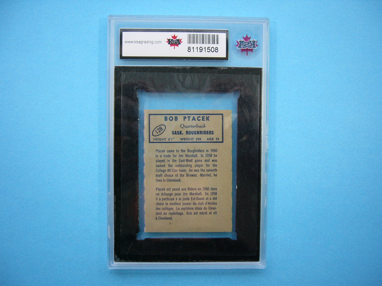 1962 TOPPS CFL FOOTBALL CARD #128 BOB PTACEK KSA 9 MINT SHARP+ '62 ...