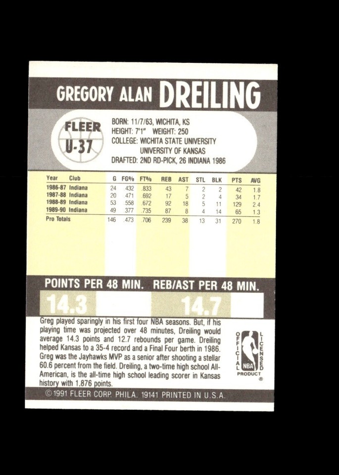 Greg Dreiling 1990-91 Fleer Update Pacers authentic autographed card | eBay