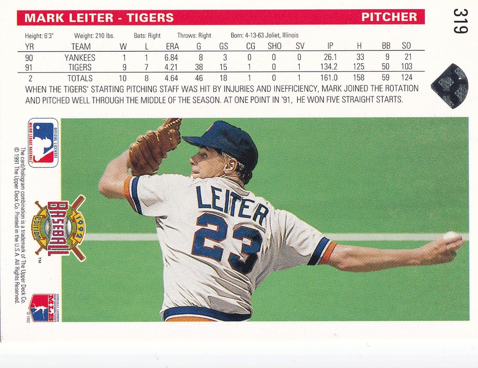 1992 Upper Deck #319 Mark Leiter MLB Detroit Tigers + (Yes 3 Free ...
